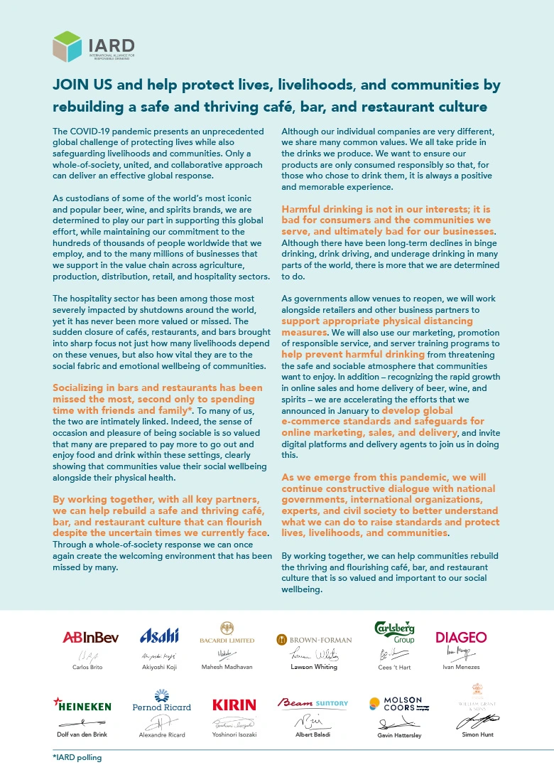Beam Suntory and IARD support the responsible return of the on-premise | Suntory Global Spirits